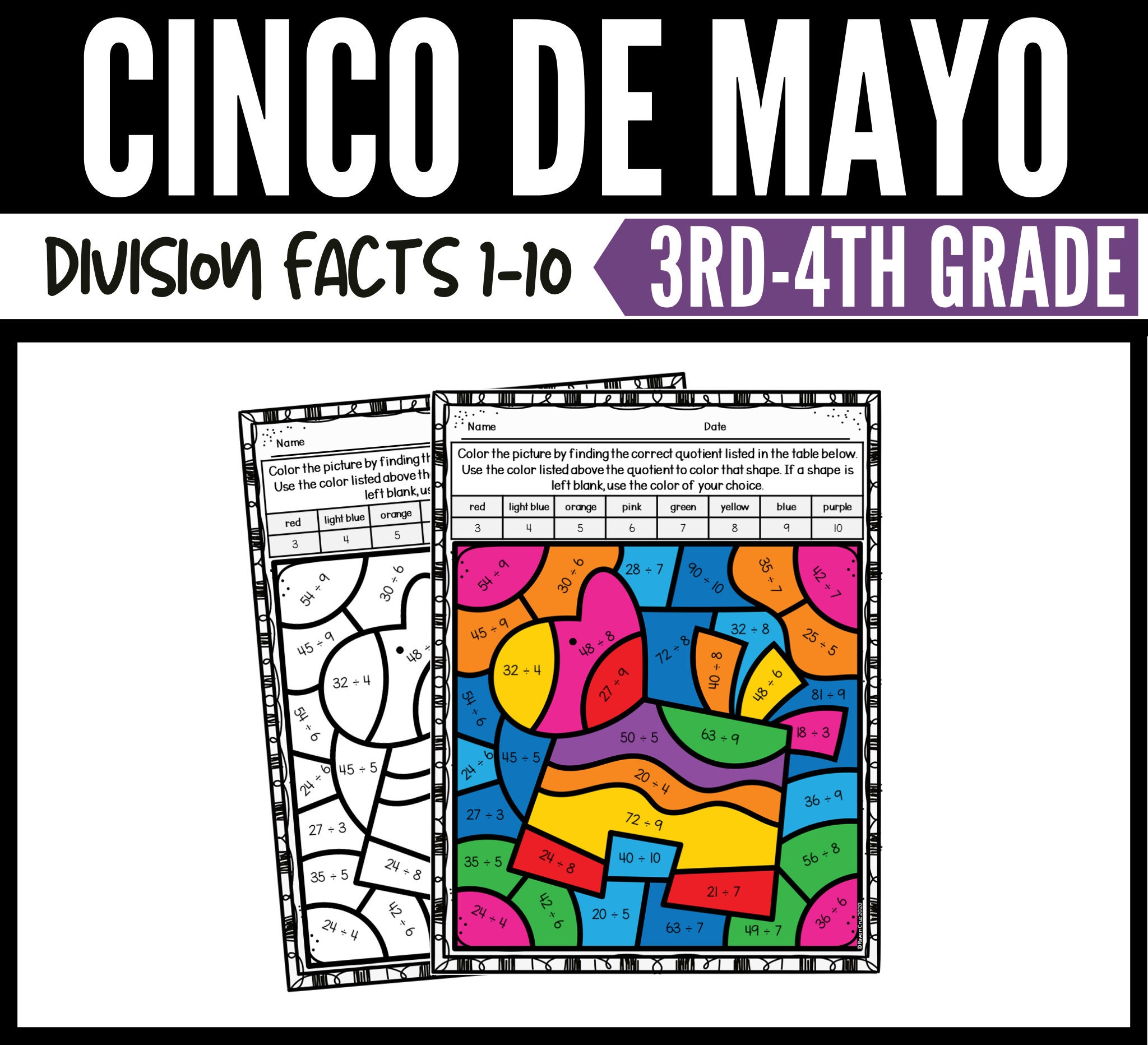 Cinco De Mayo Division Color by Number Worksheets | 3rd Grade Division ...