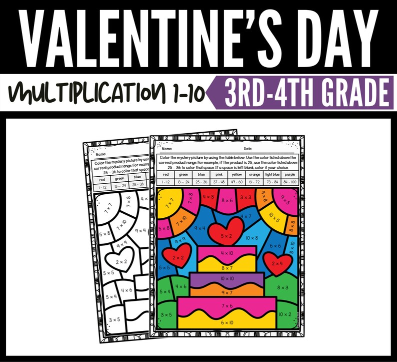 Valentine's Day Color by Number Multiplication Worksheets for 3rd-grade ...