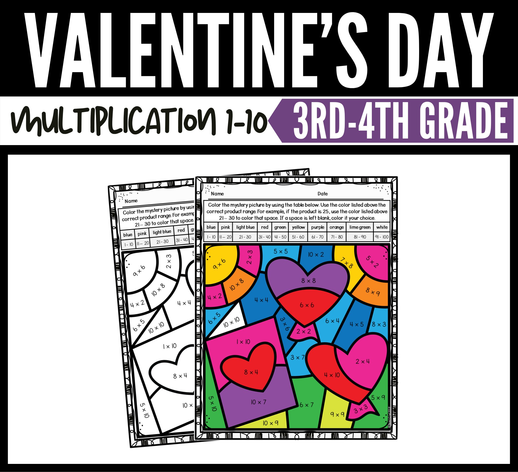 Valentine's Day Color by Number Multiplication Worksheets for 3rd-grade ...