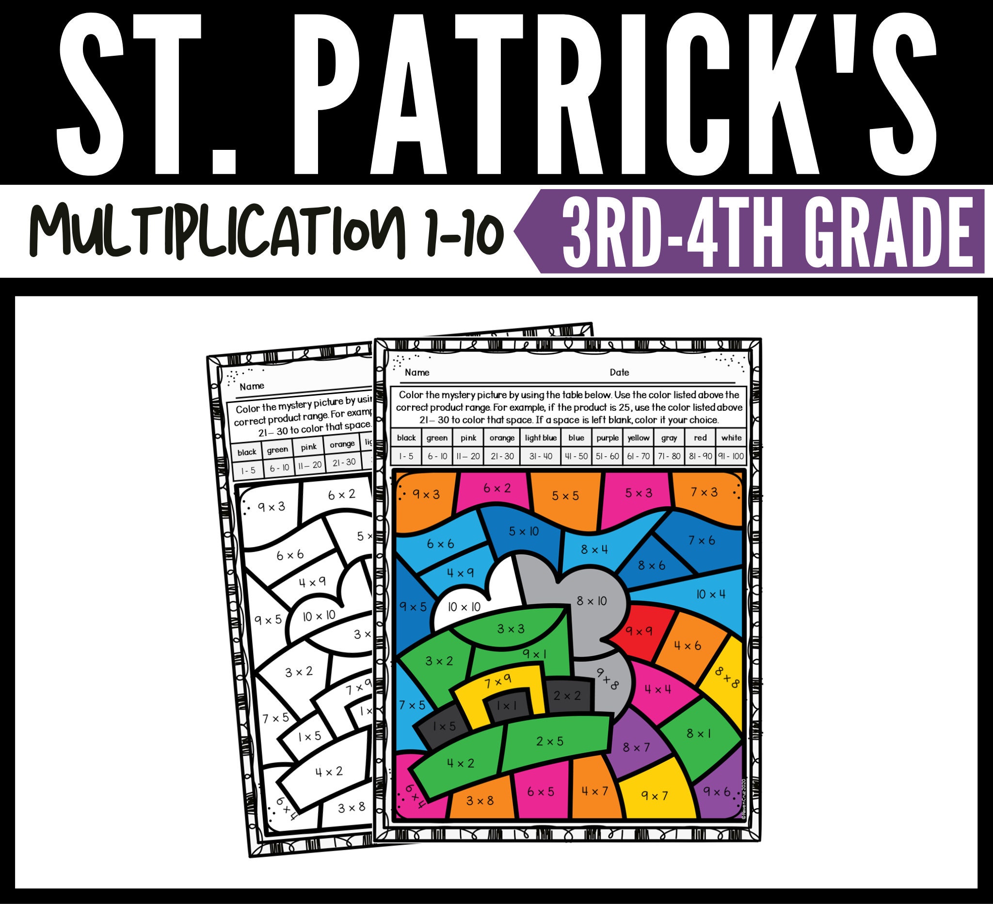 St Patrick's Day Color by Number Multiplication Worksheets (PDF) - Etsy
