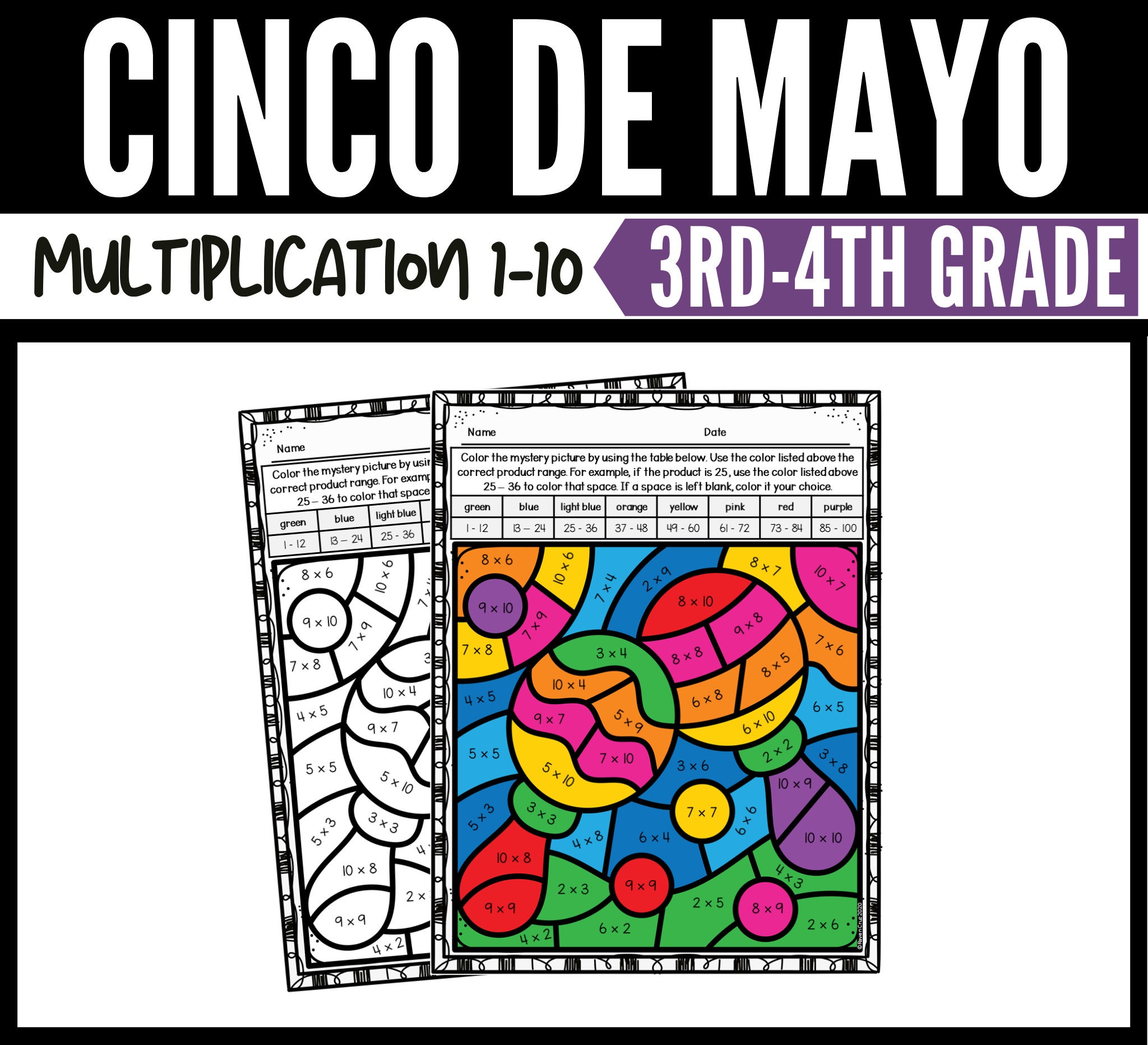 Cinco De Mayo Color by Number Multiplication Worksheets for 3rd Grade ...