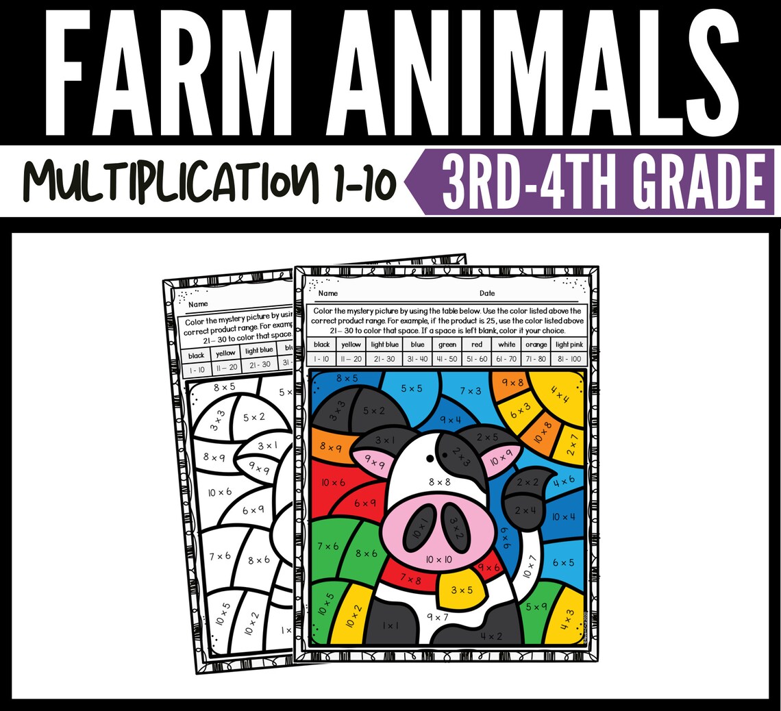 Farm Animals Multiplication Color by Number Worksheets 3rd Grade Math ...