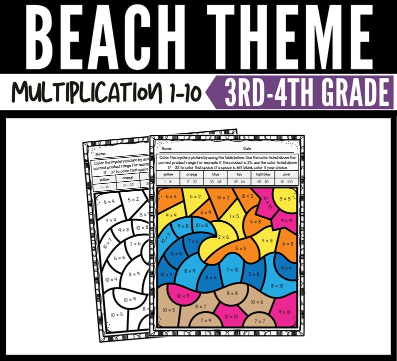 Beach Themed Multiplication Color by Number Worksheets for 3rd Grade ...