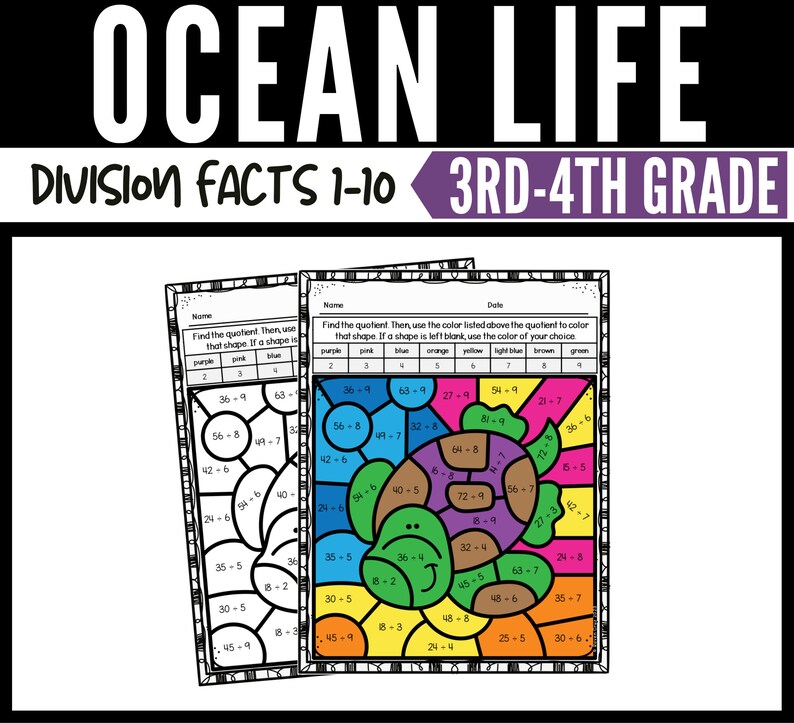 Sea Animals Division Color by Number Worksheets - Etsy