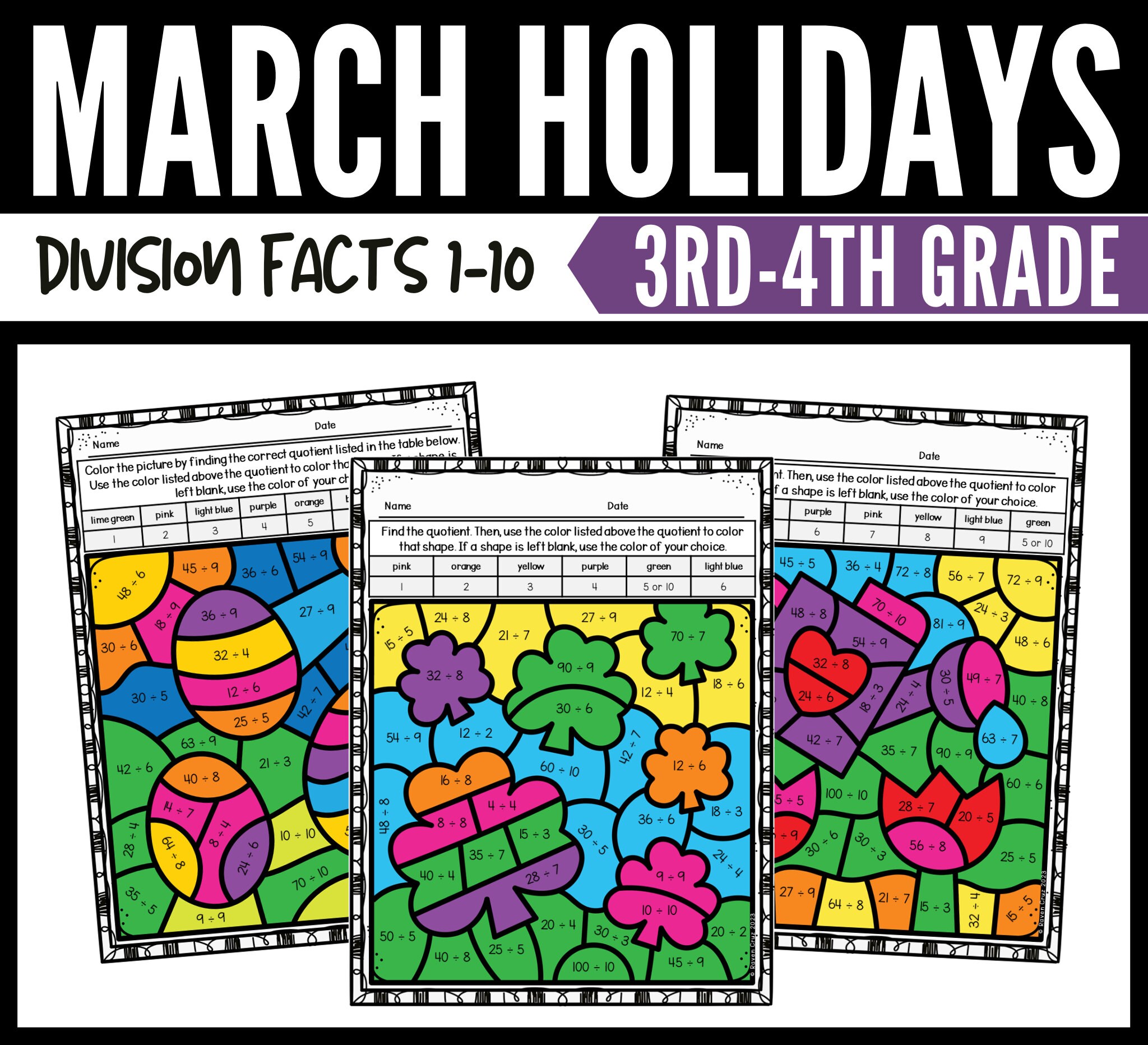 March Holiday Color by Number Division Worksheets St. Patrick's Day ...