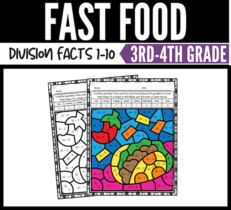Fast Food Division Color by Number Worksheets | 3rd Grade Division ...