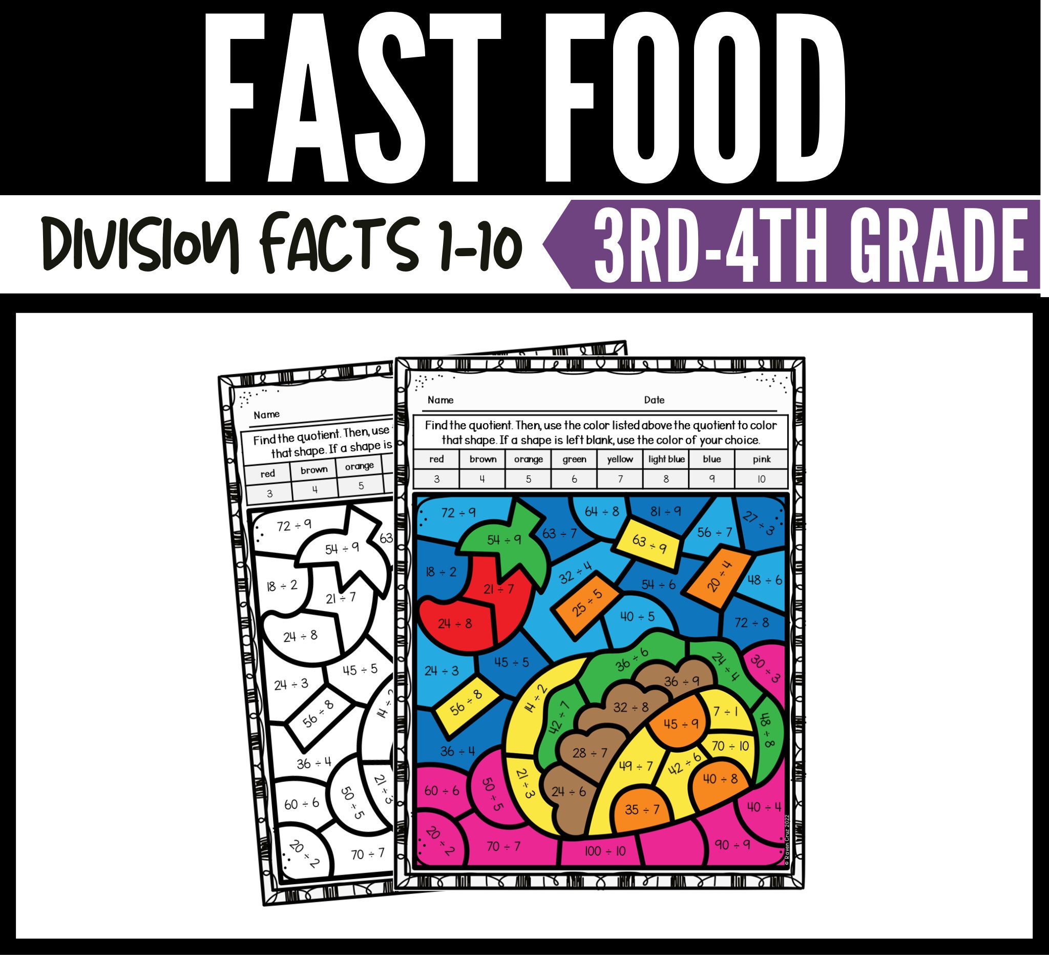 Fast Food Division Color by Number Worksheets | 3rd Grade Division ...