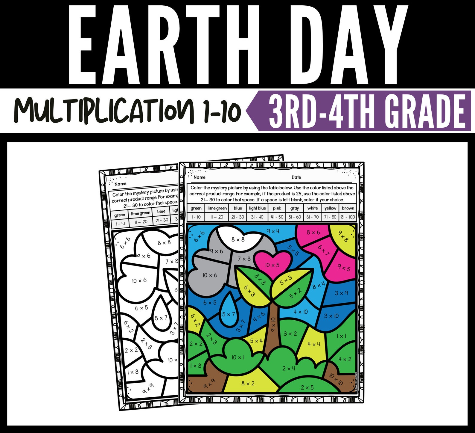 Earth Day Multiplication Color by Number Worksheets for 3rd Grade and ...