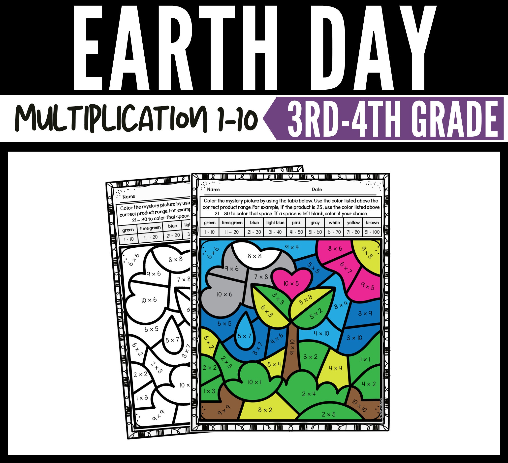 Earth Day Multiplication Color by Number Worksheets for 3rd Grade and ...
