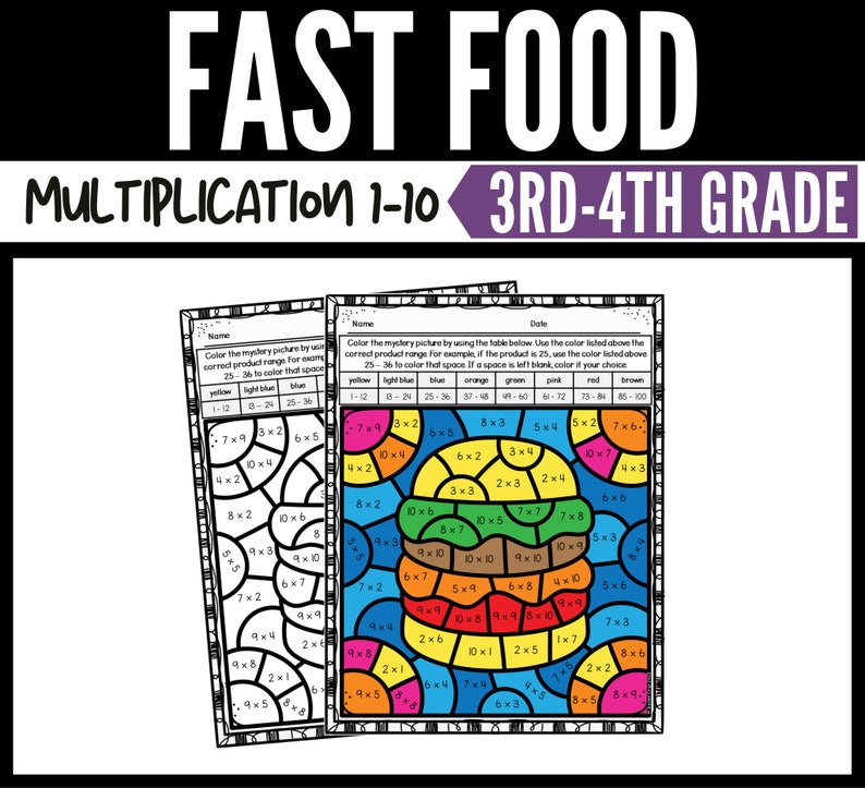 Fast Food Multiplication Color by Number Worksheets, 3rd Grade Math ...