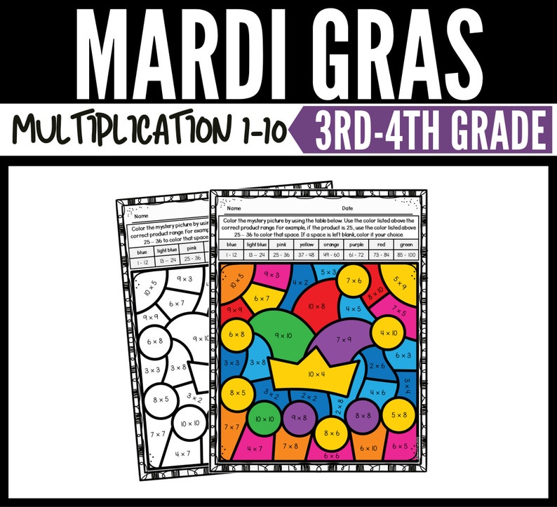 Mardi Gras Color by Number Multiplication Worksheets for 3rd-grade and ...