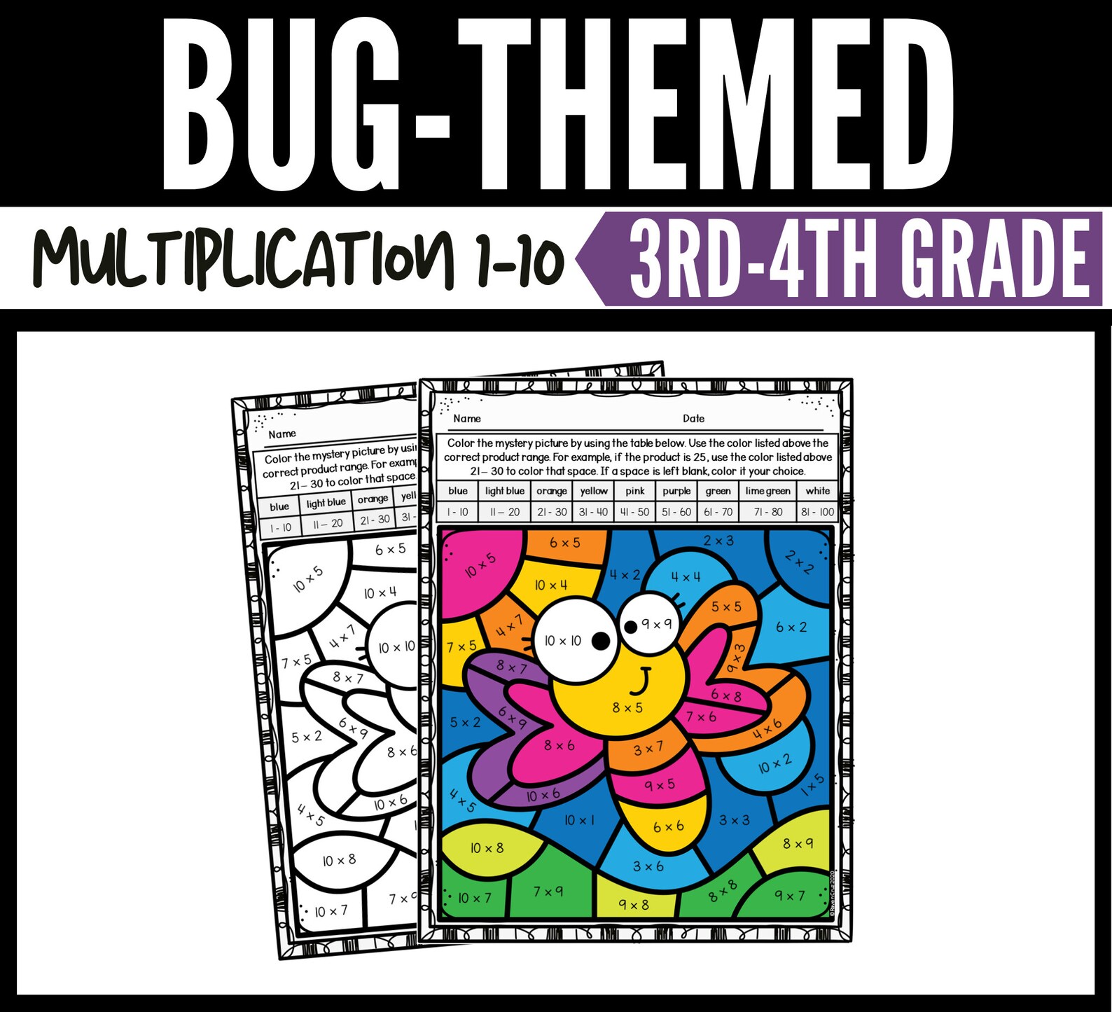 Bugs Color by Number Multiplication Worksheets for 3rd Grade and 4th ...