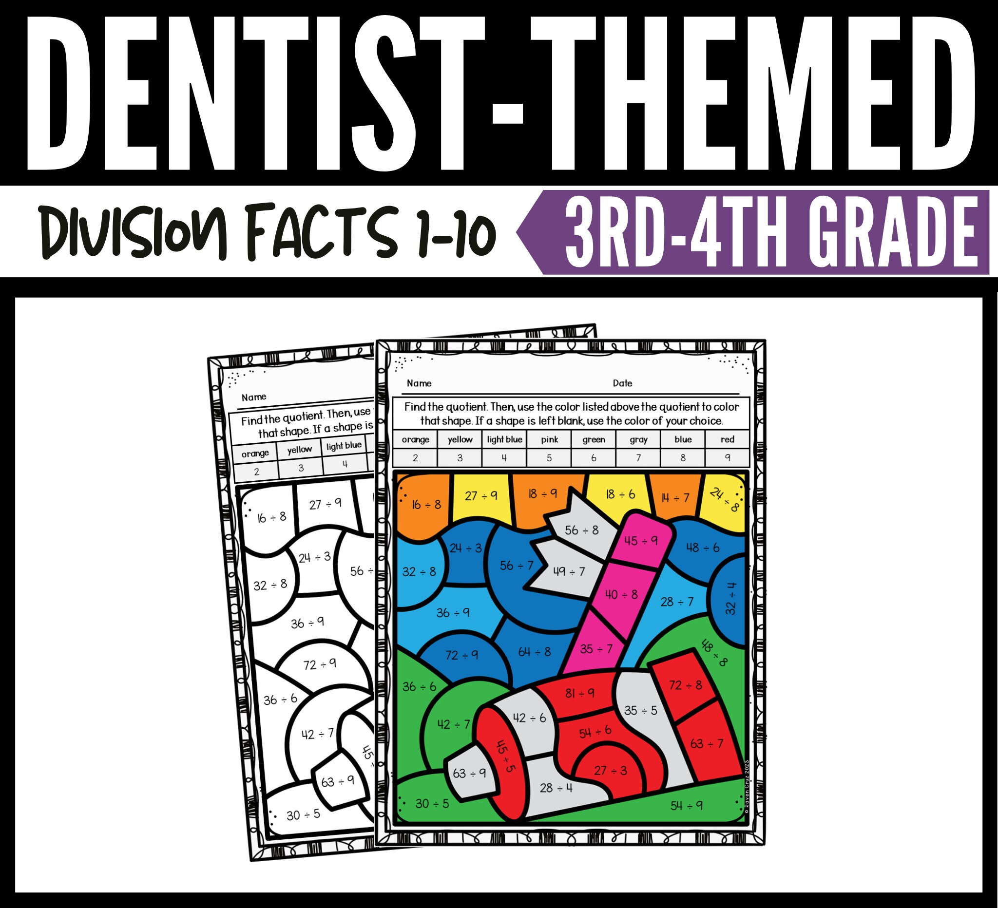 Dentist and Tooth Fairy Themed Division Color by Number Worksheets for ...