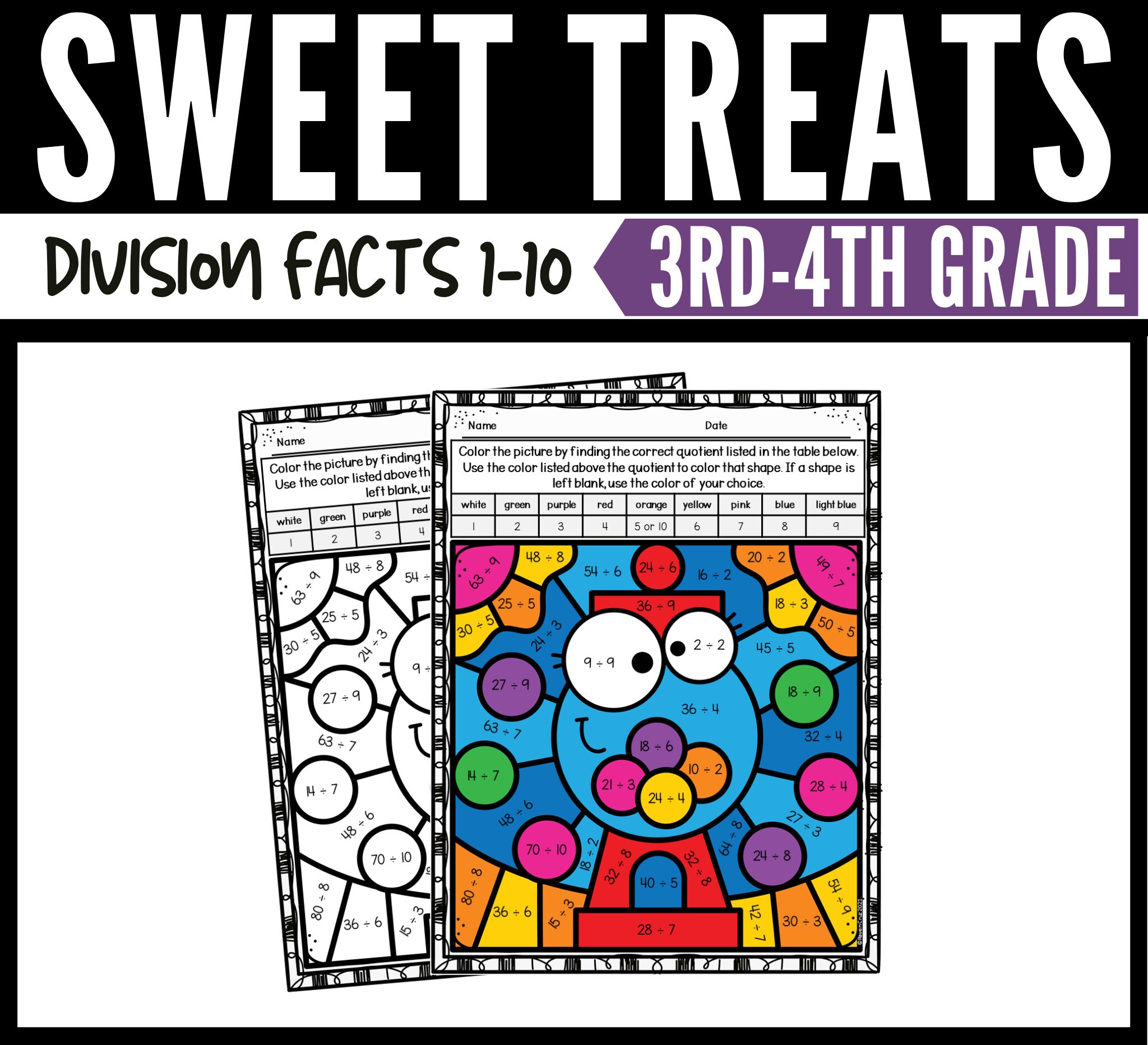 Sweet Treats Division Color by Number Worksheets 3rd Grade and 4th ...