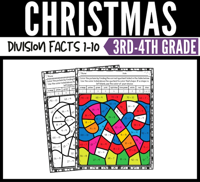 Christmas Color by Number Division Printable Worksheet, 3rd-grade 4th ...