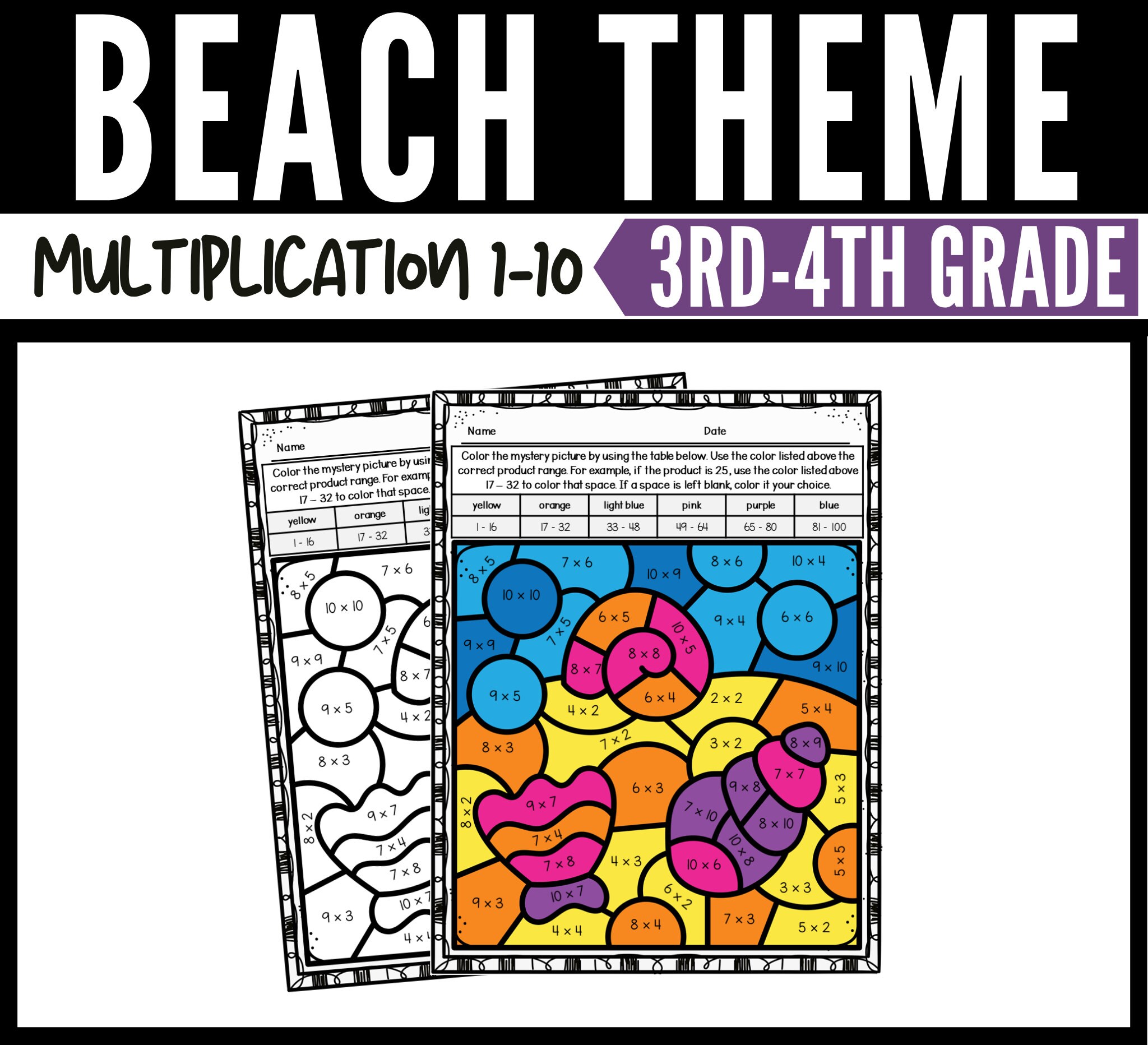 Beach Themed Multiplication Color by Number Worksheets for 3rd Grade ...