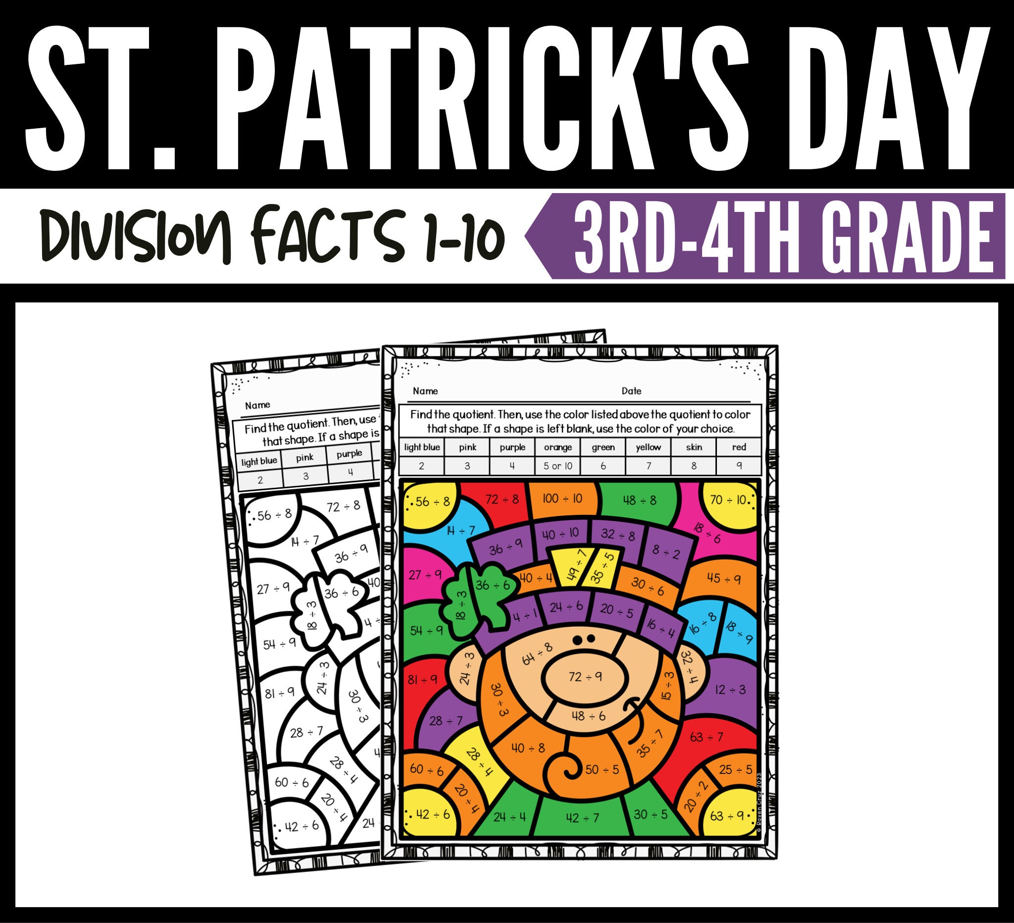 St. Patrick's Day Division Color by Number | 3rd-4th Grade (PDF) - Etsy