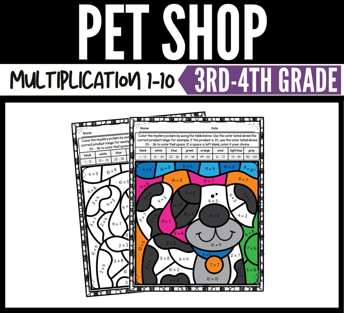 Pet Shop Multiplication Color by Number Worksheets 3rd Grade - Etsy