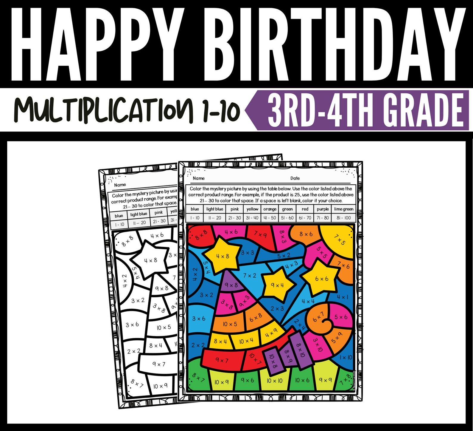 Happy Birthday Multiplication Color by Number Worksheets for 3rd Grade ...