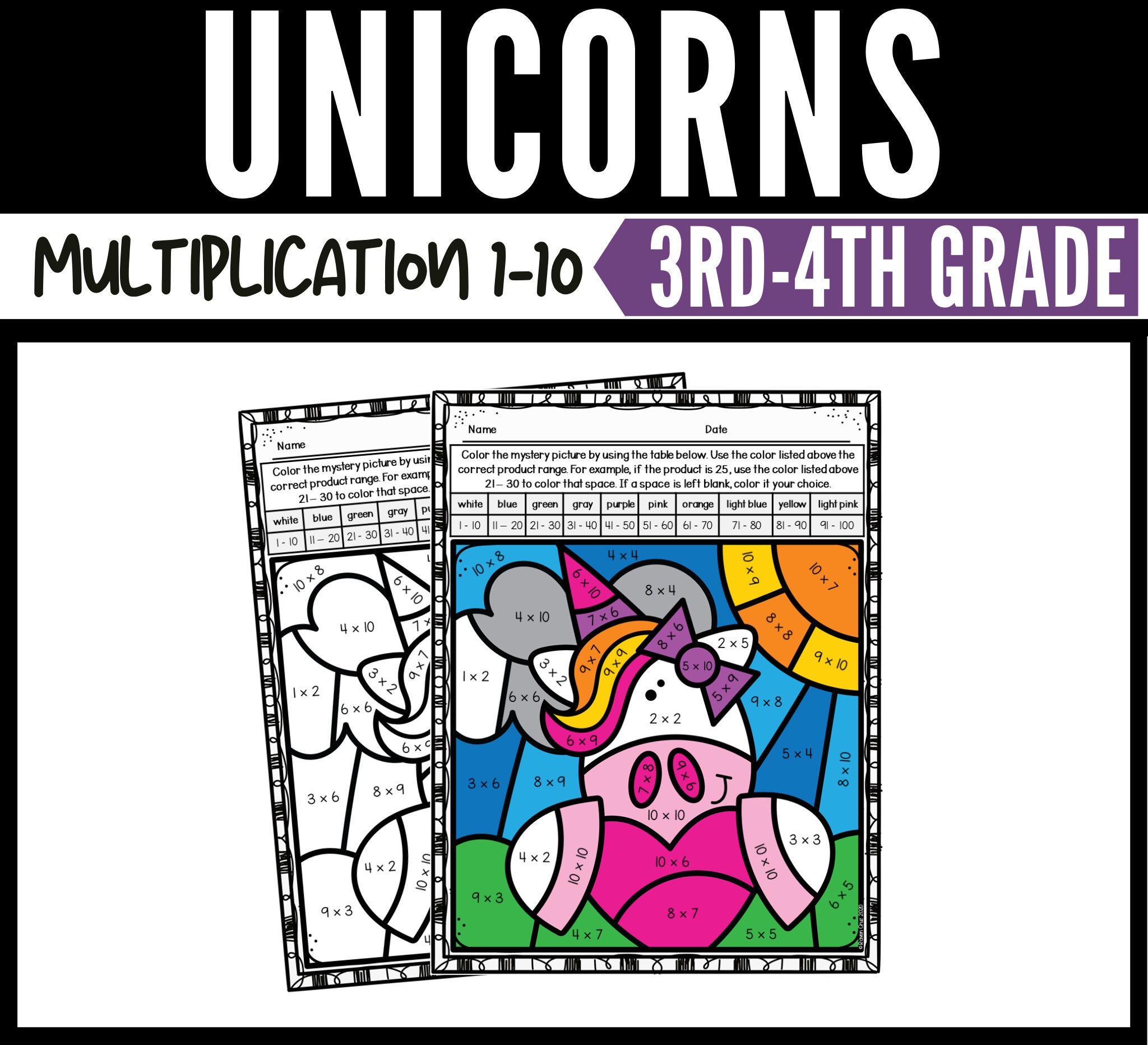 Unicorn Color by Number Multiplication Worksheets 3rd Grade Math ...