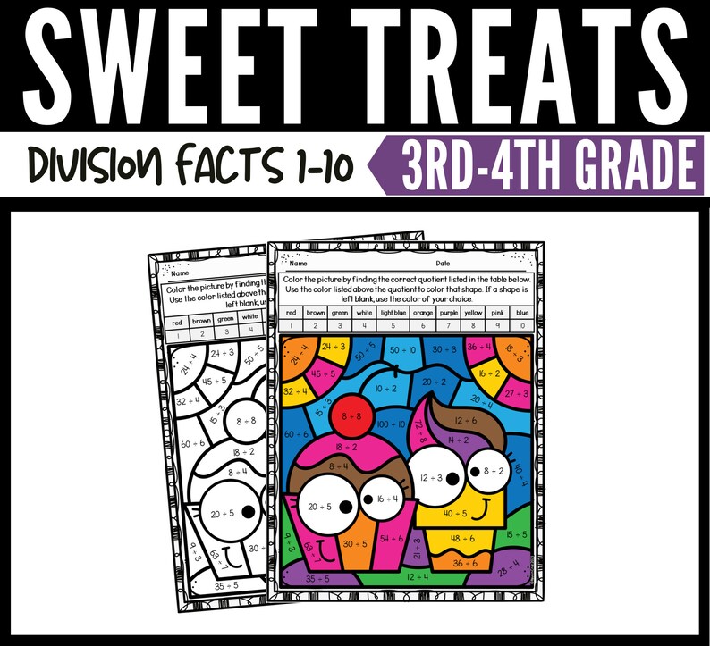 Sweet Treats Division Color by Number Worksheets 3rd Grade and 4th ...