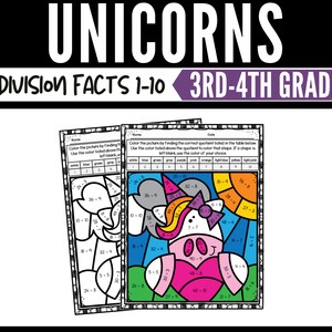 Unicorns Division Color by Number Worksheets | 3rd Grade Division Math ...