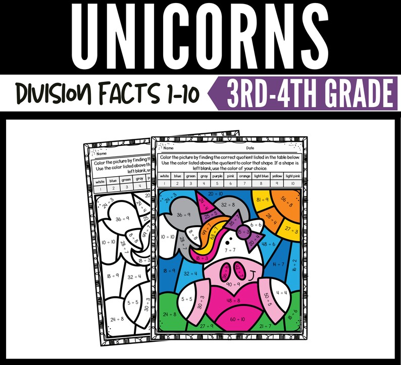 Unicorns Division Color by Number Worksheets 3rd Grade Division Math ...