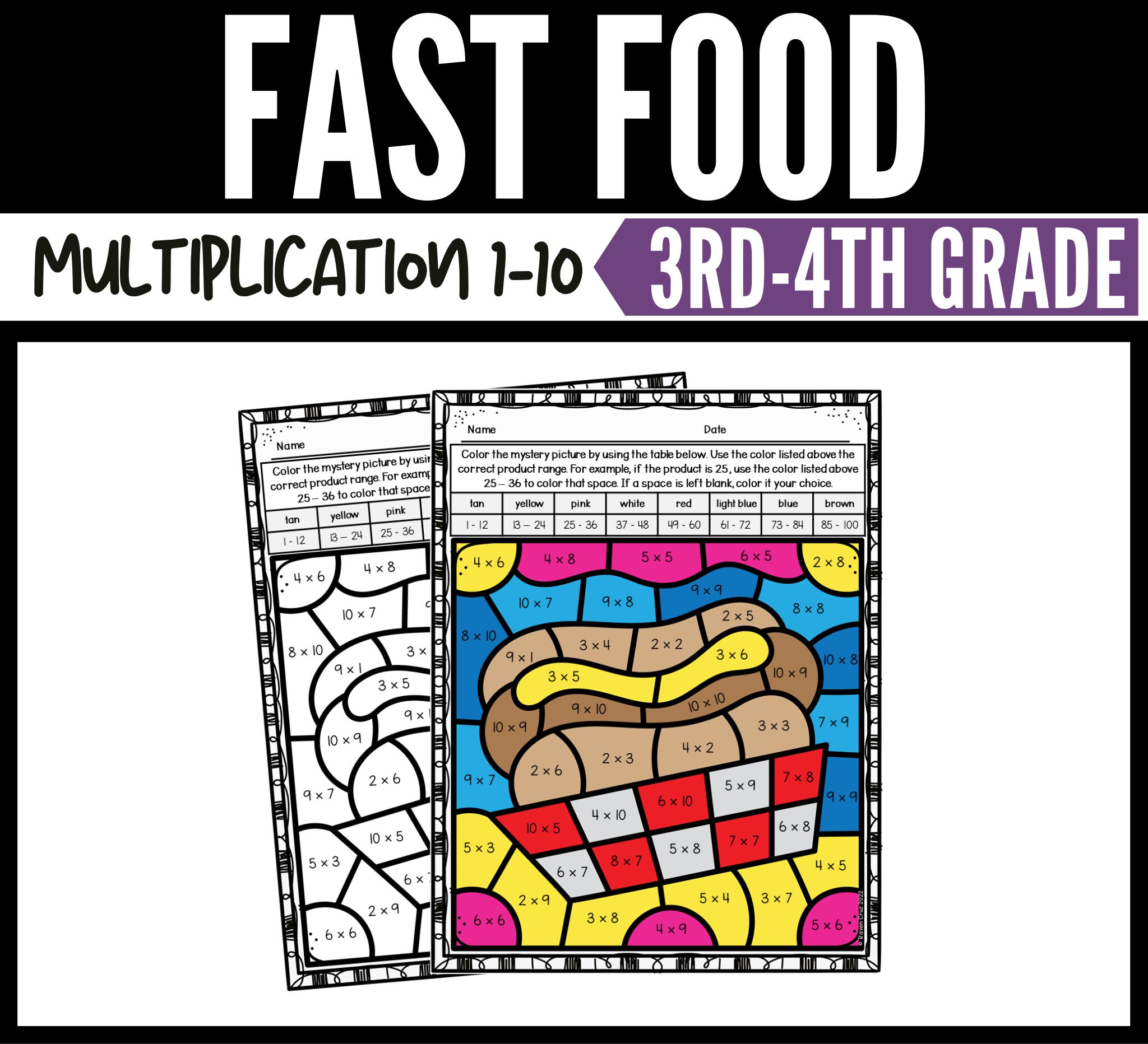 Fast Food Multiplication Color by Number Worksheets, 3rd Grade Math ...