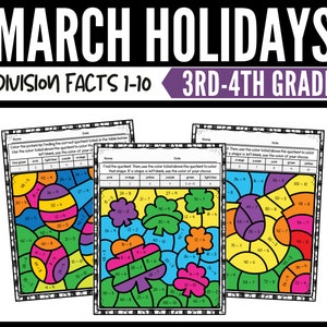 March Holiday Color by Number Division Worksheets St. Patrick's Day ...