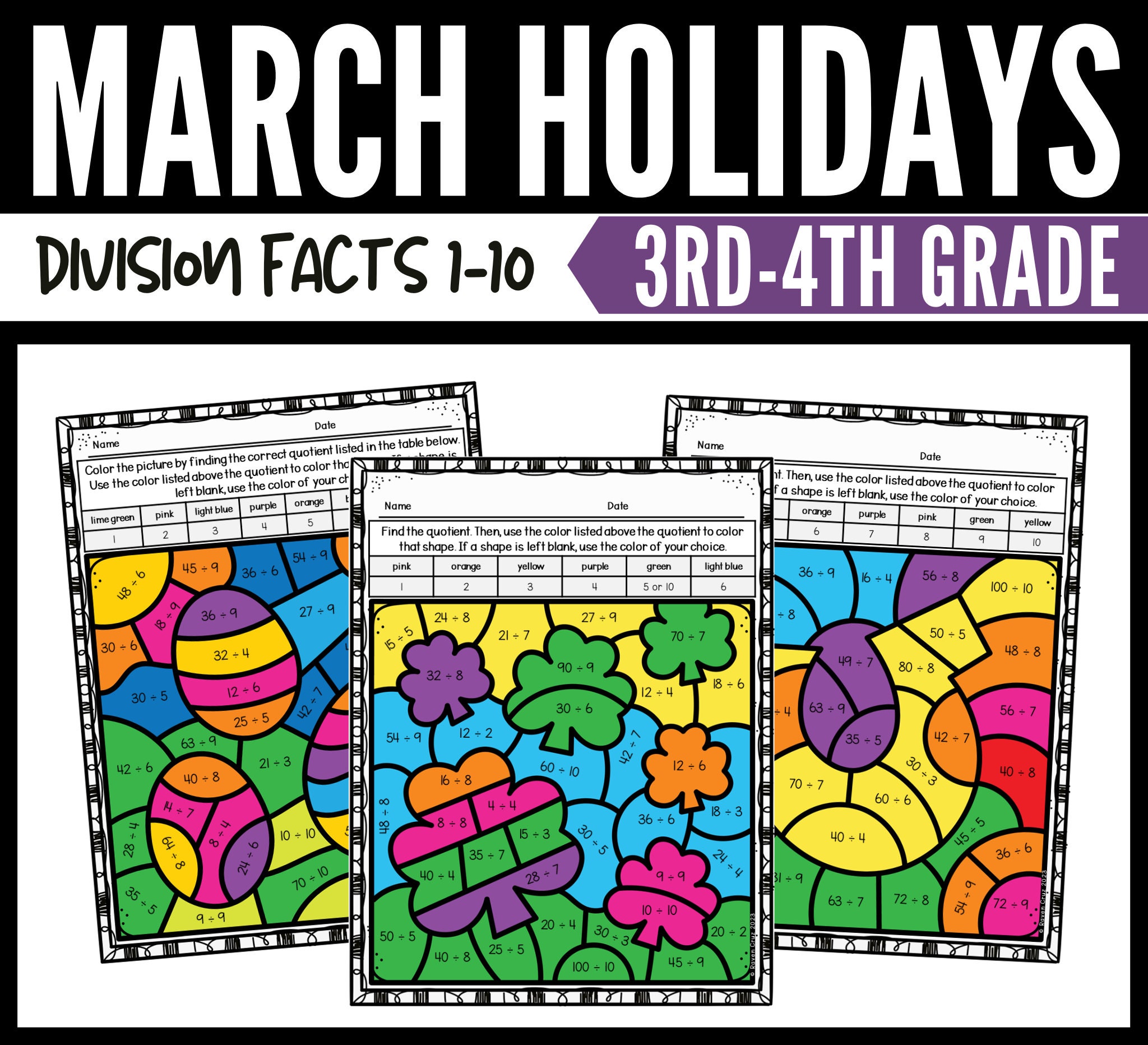 March Holiday Color by Number Division Worksheets St. Patrick's Day ...