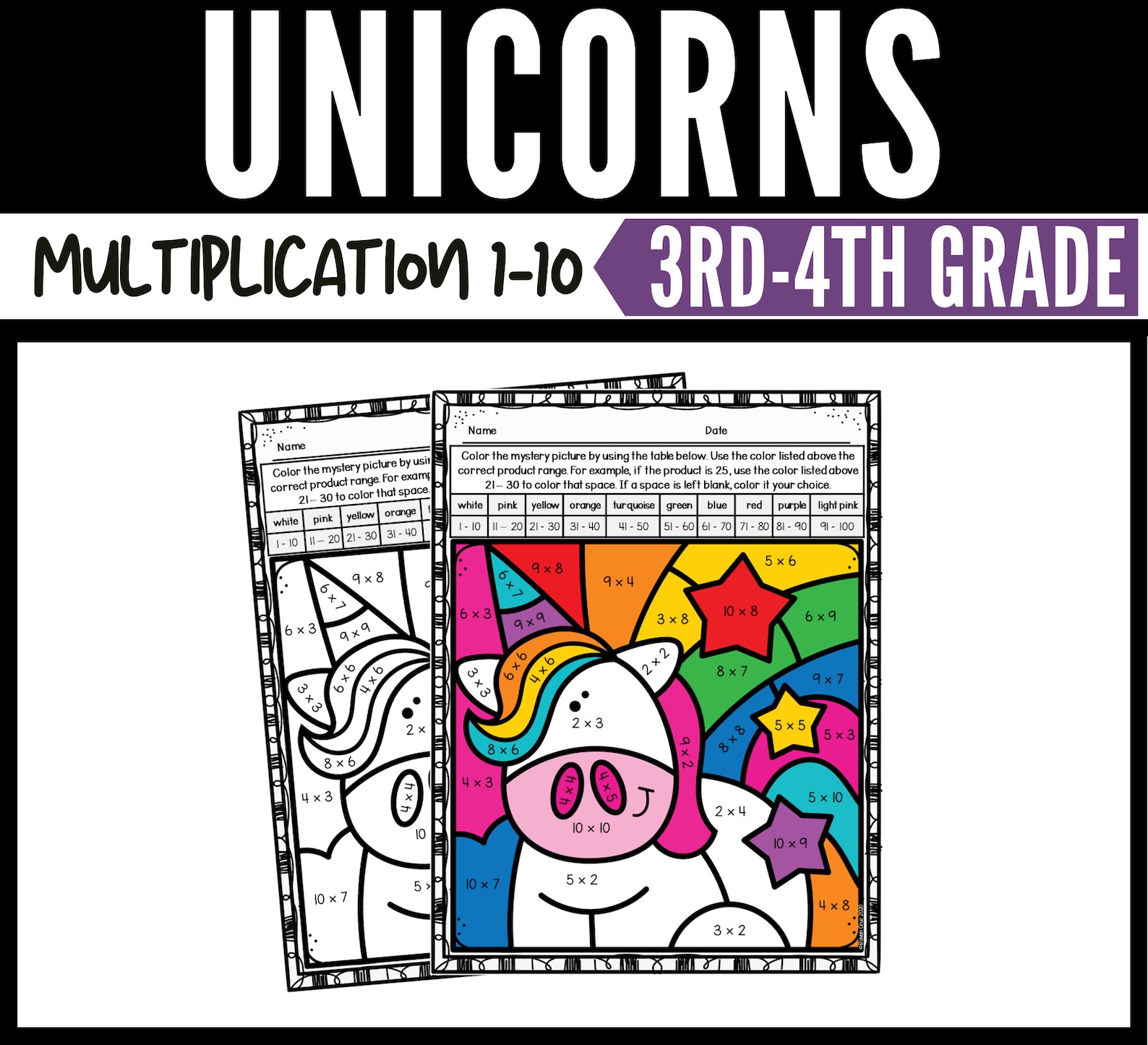 Unicorn Color by Number Multiplication Worksheets, 3rd-4th Grade (PDF ...