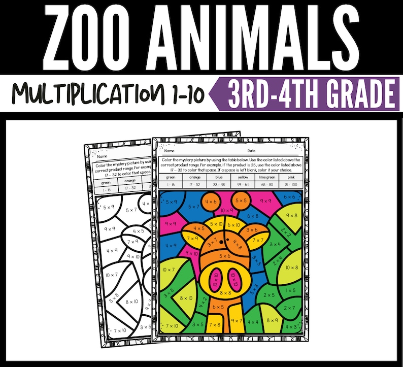 Zoo Animals Multiplication Color by Number Worksheets | 3rd Grade ...