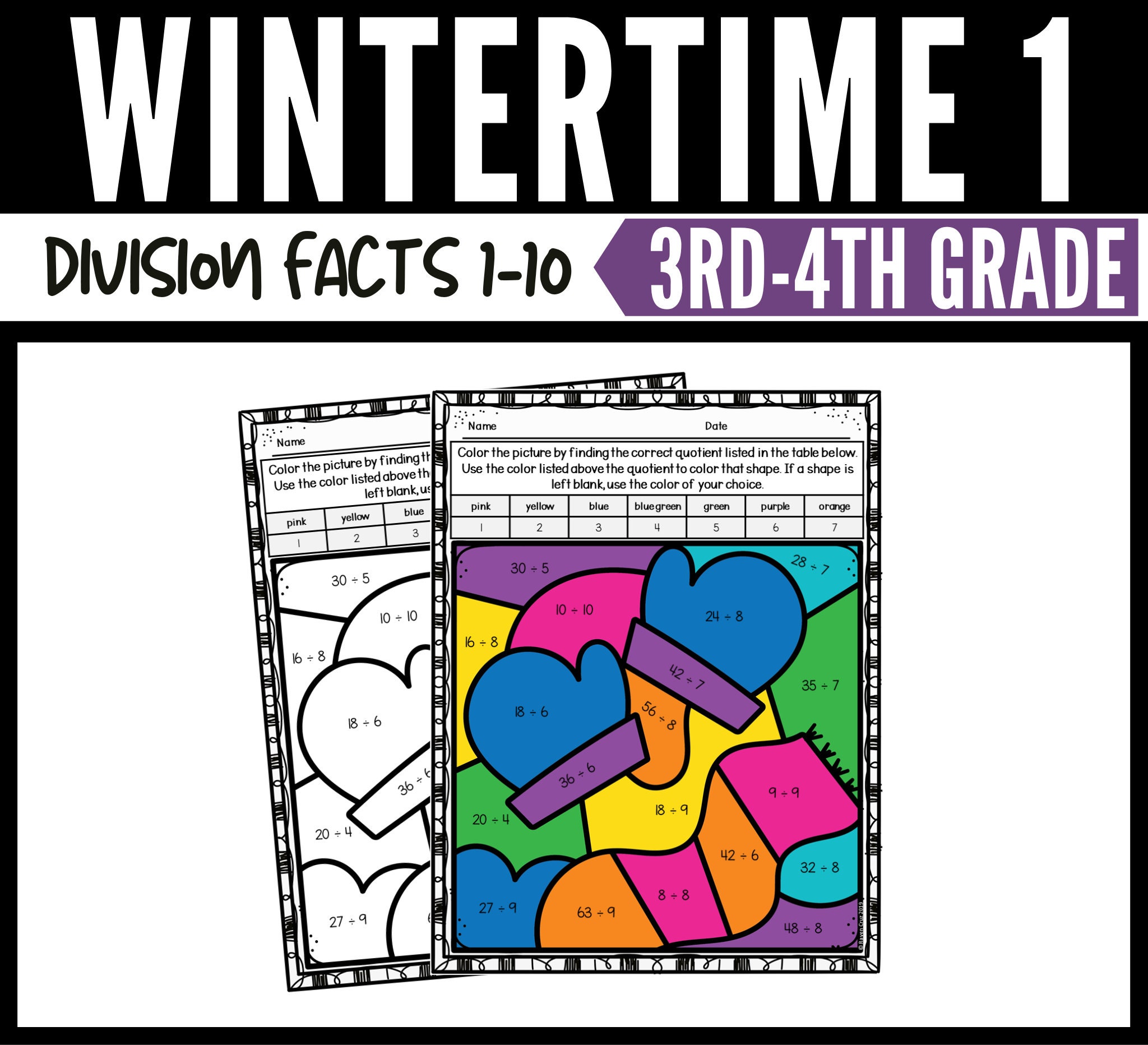 Division Color by Number Worksheets for Winter in 3rd Grade and 4th ...