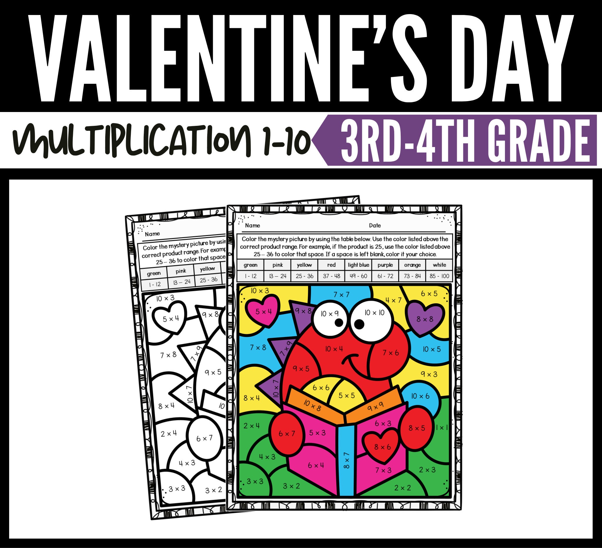Valentine's Day Color by Number Multiplication Worksheets for 3rd Grade ...