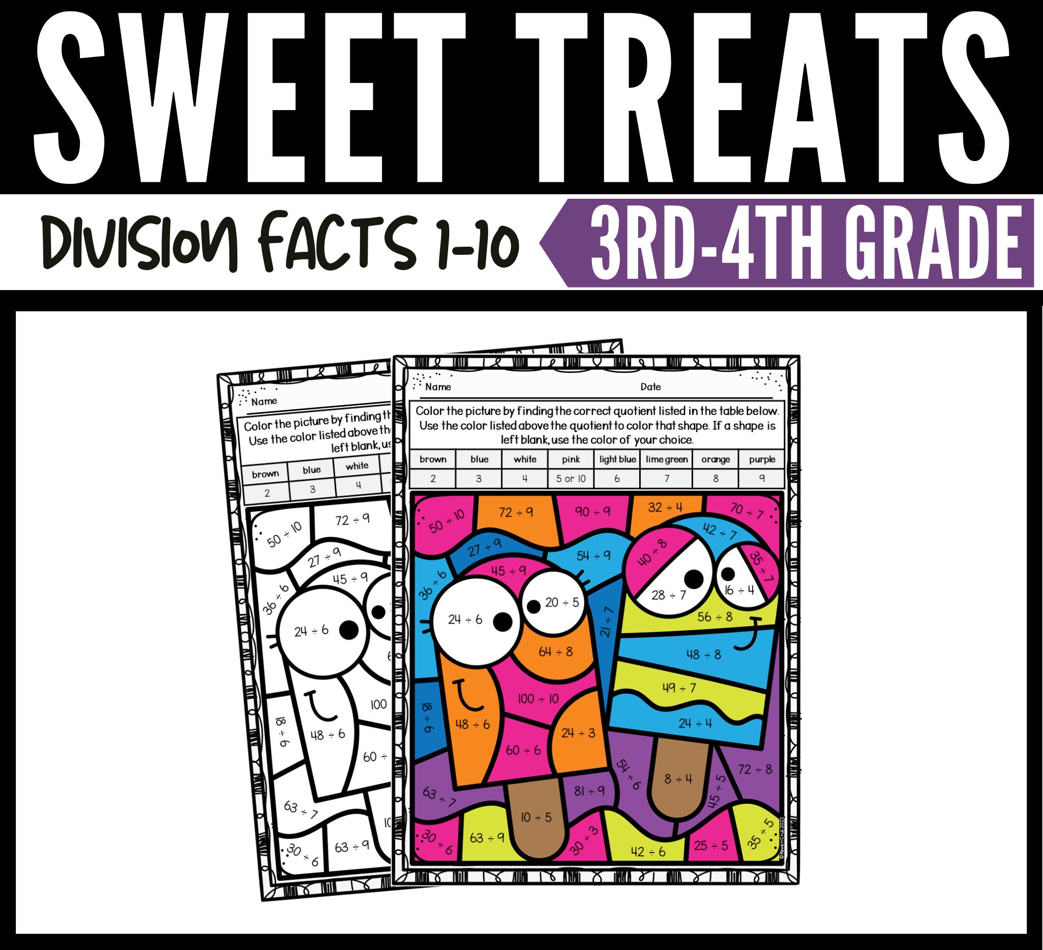 Sweet Treats Division Color by Number Worksheets 3rd Grade and 4th ...