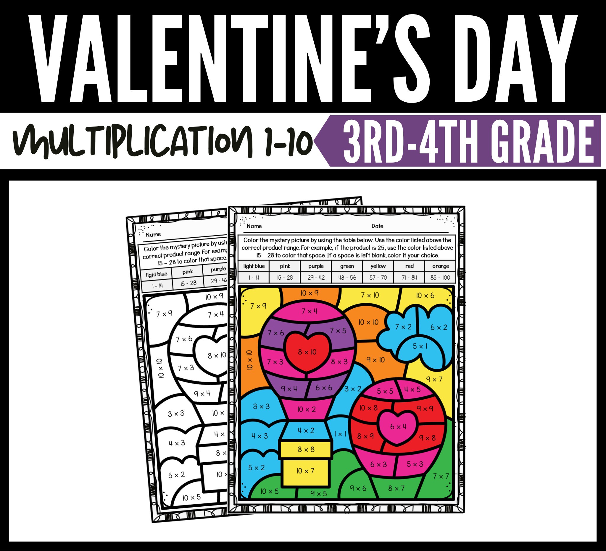 Valentine's Day Color by Number Multiplication Worksheets for 3rd Grade ...