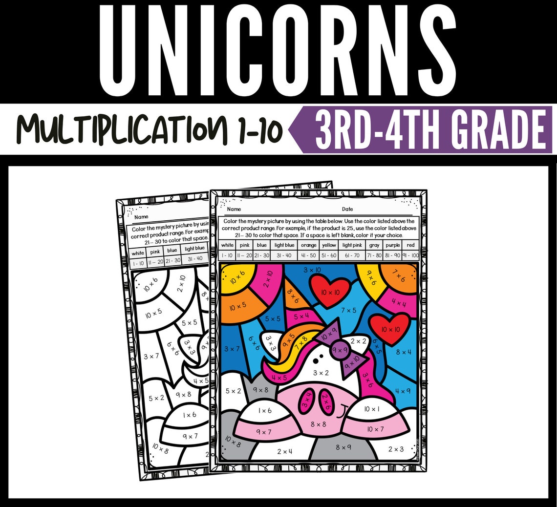 Unicorn Color by Number Multiplication Worksheets 3rd Grade Math ...