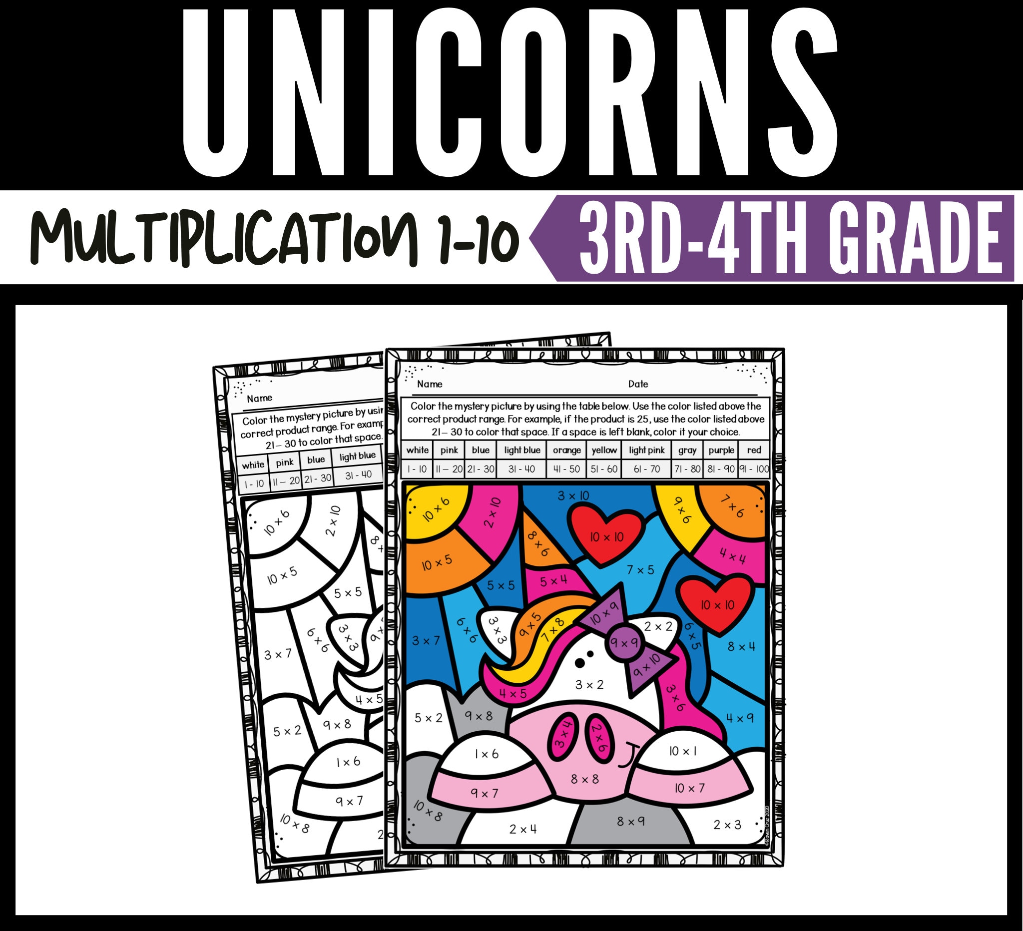 Unicorn Color by Number Multiplication Worksheets, 3rd-4th Grade (PDF ...