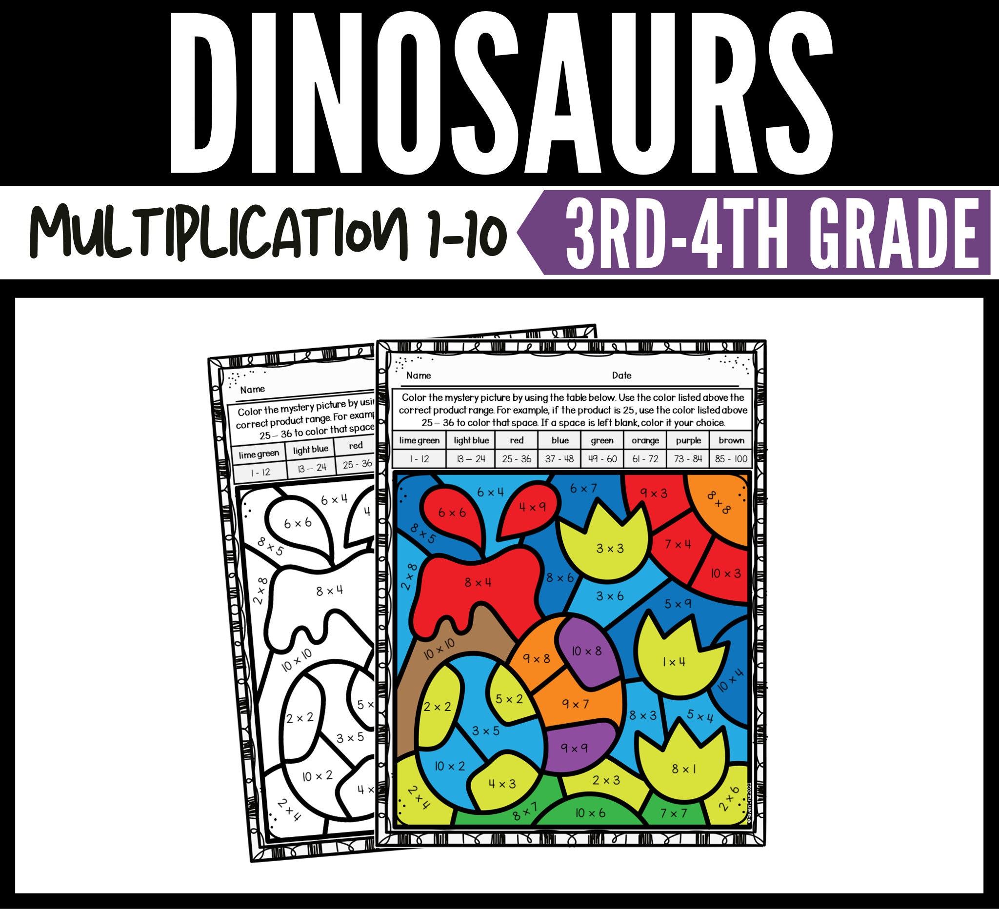 Dinosaur Multiplication Color by Number Worksheets Fun 3rd Grade ...