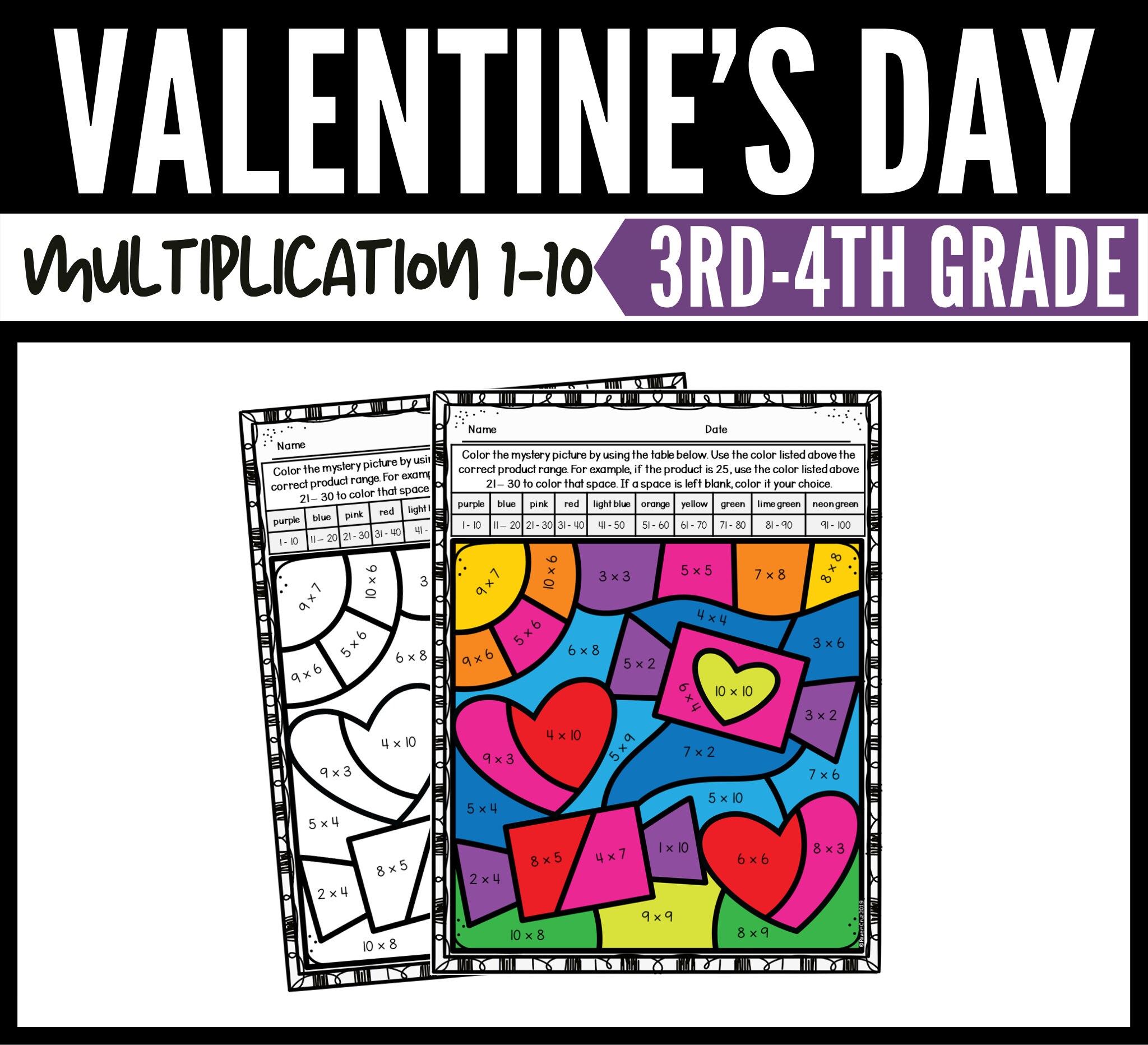 Valentine's Day Color by Number Multiplication Worksheets for 3rd-grade ...