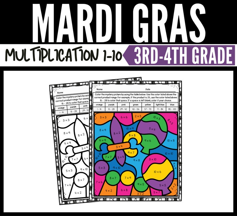 Mardi Gras Color by Number Multiplication Worksheets for 3rd-grade and ...