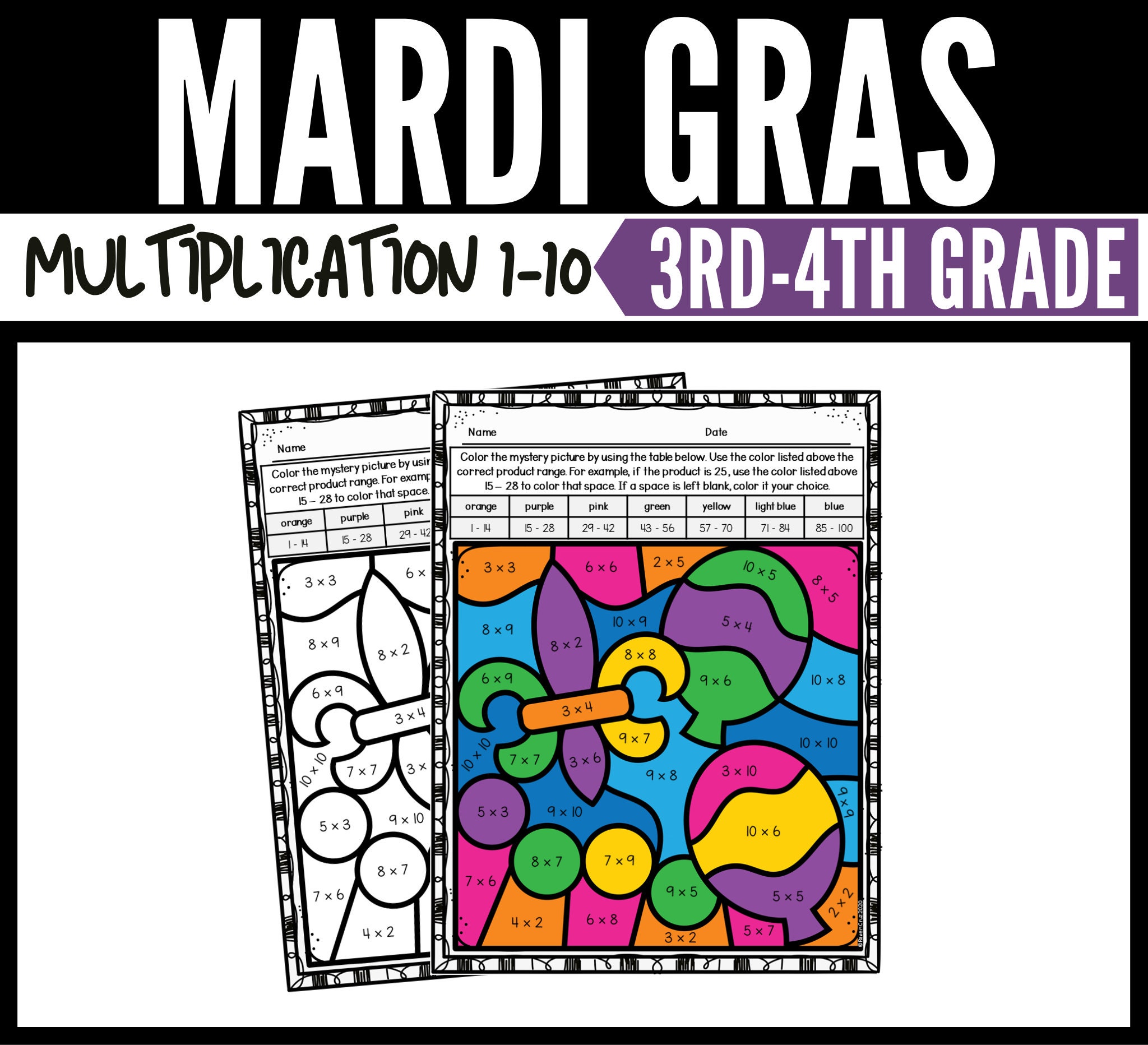 Mardi Gras Color by Number Multiplication Worksheets for 3rd-grade and ...