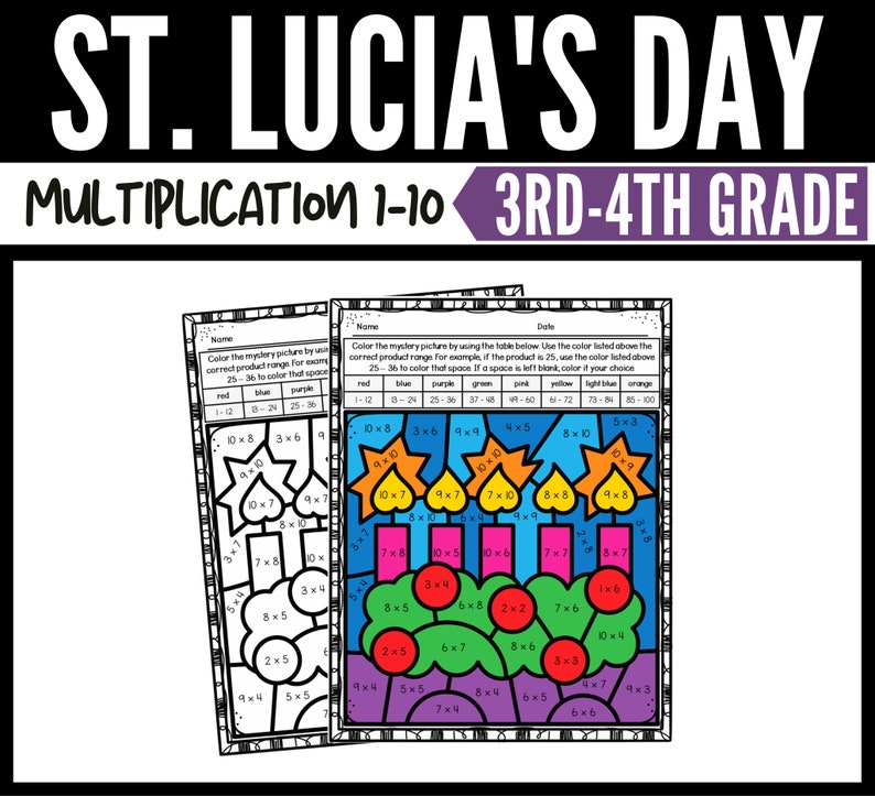 Color by Number for St. Lucia's Day Multiplication Printable ...