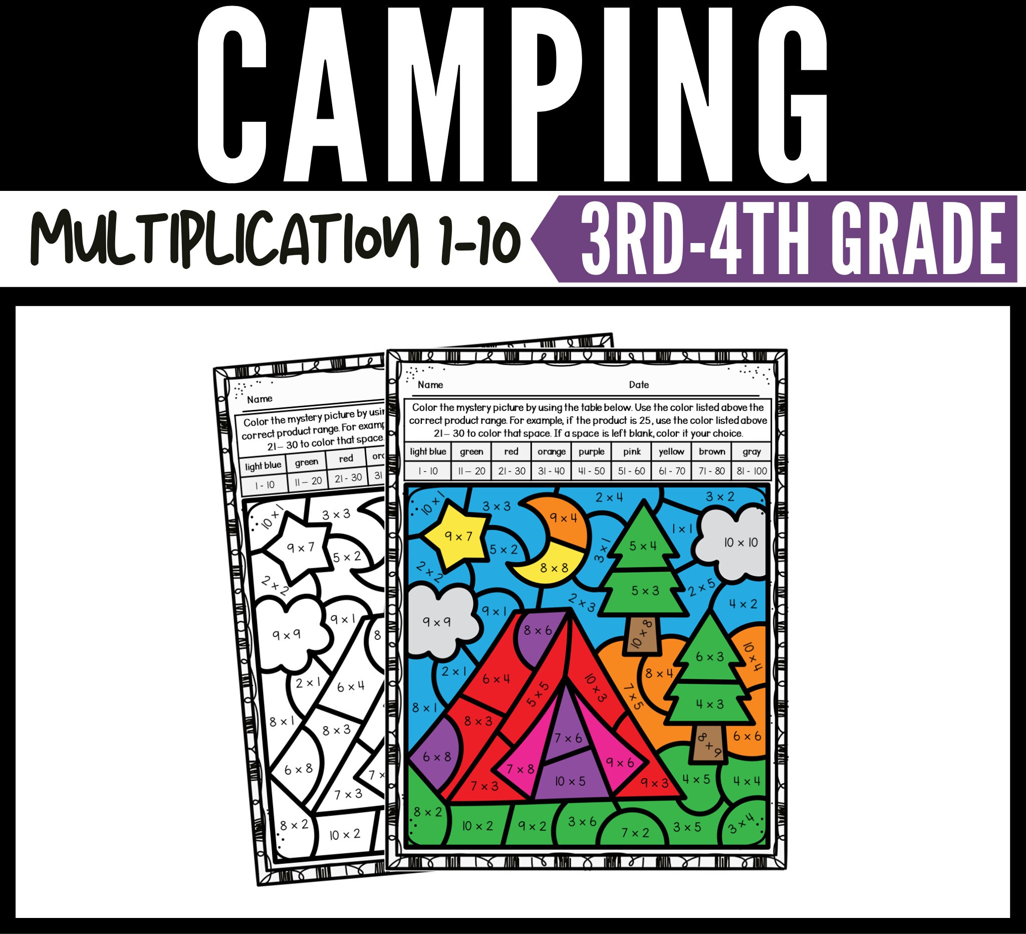 Camping Themed Multiplication Color by Number Worksheets for 3rd Grade ...