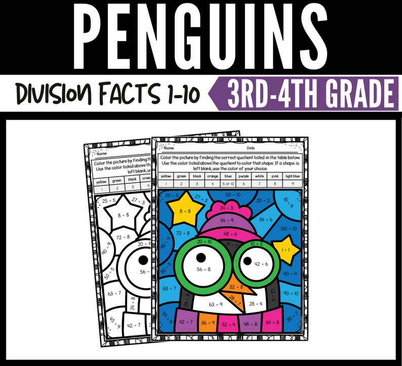 Penguins Division Color by Number Worksheets Activity for 3rd-grade and ...
