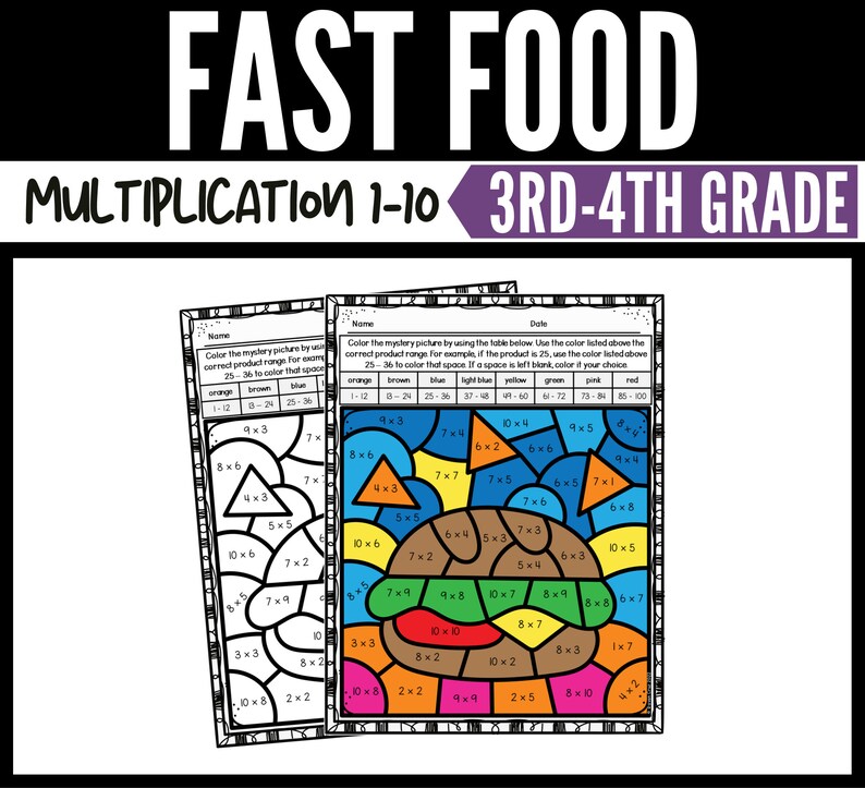 Fast Food Multiplication Color by Number Worksheets, 3rd Grade Math ...