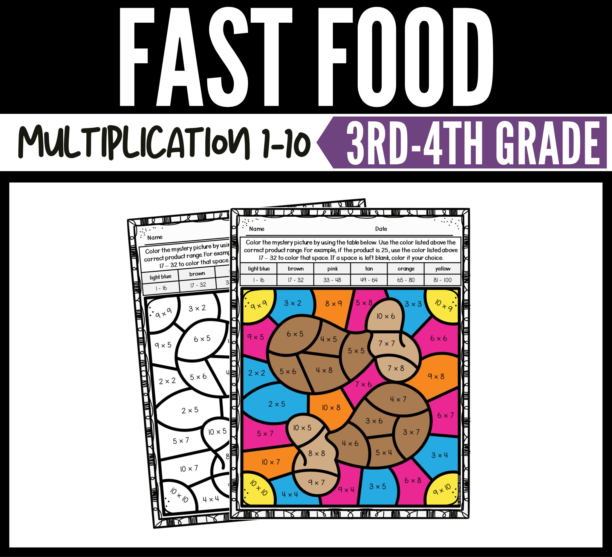 Fast Food Multiplication Color by Number Worksheets, 3rd Grade Math ...