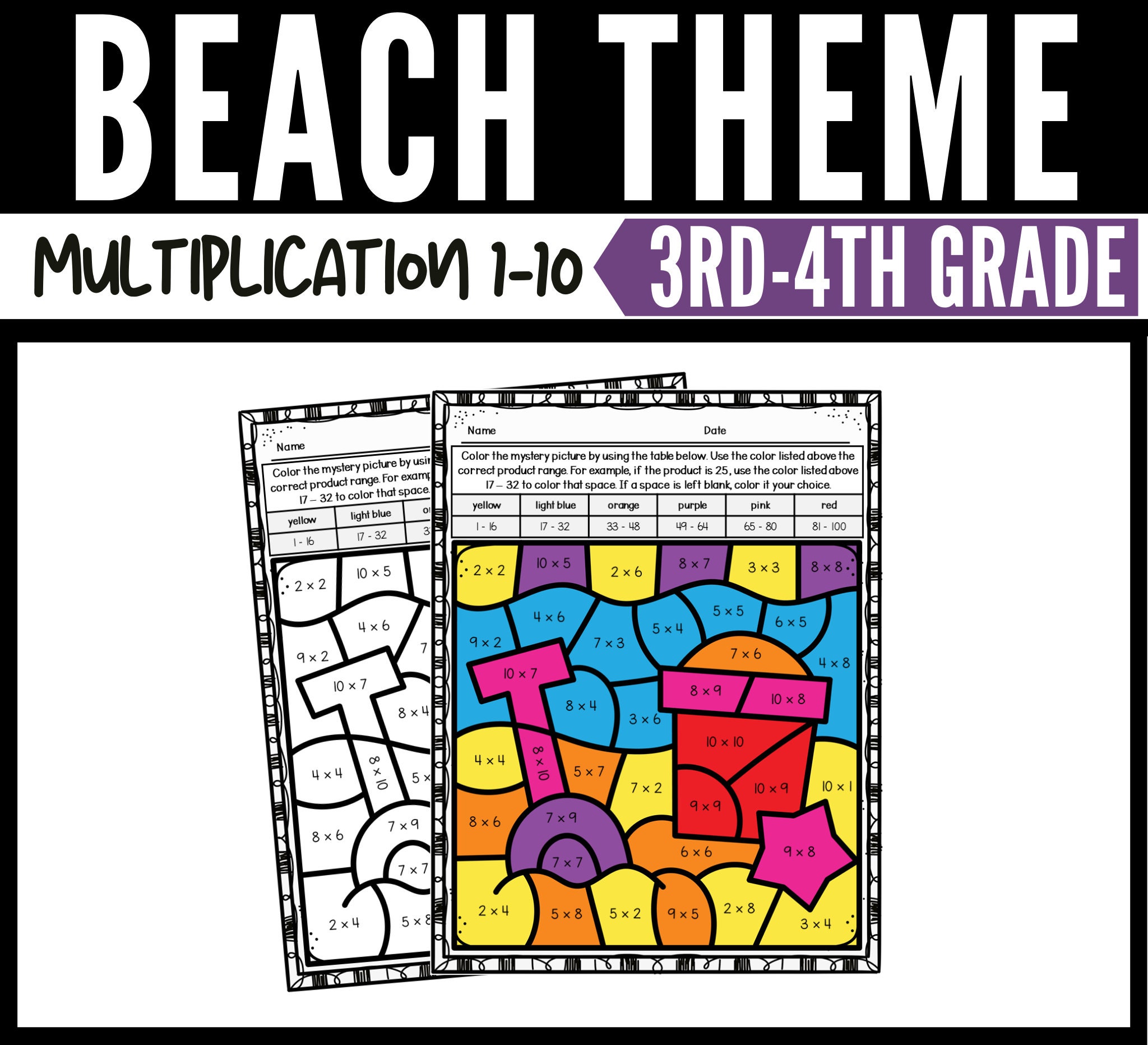 Beach Themed Multiplication Color by Number Worksheets for 3rd Grade ...