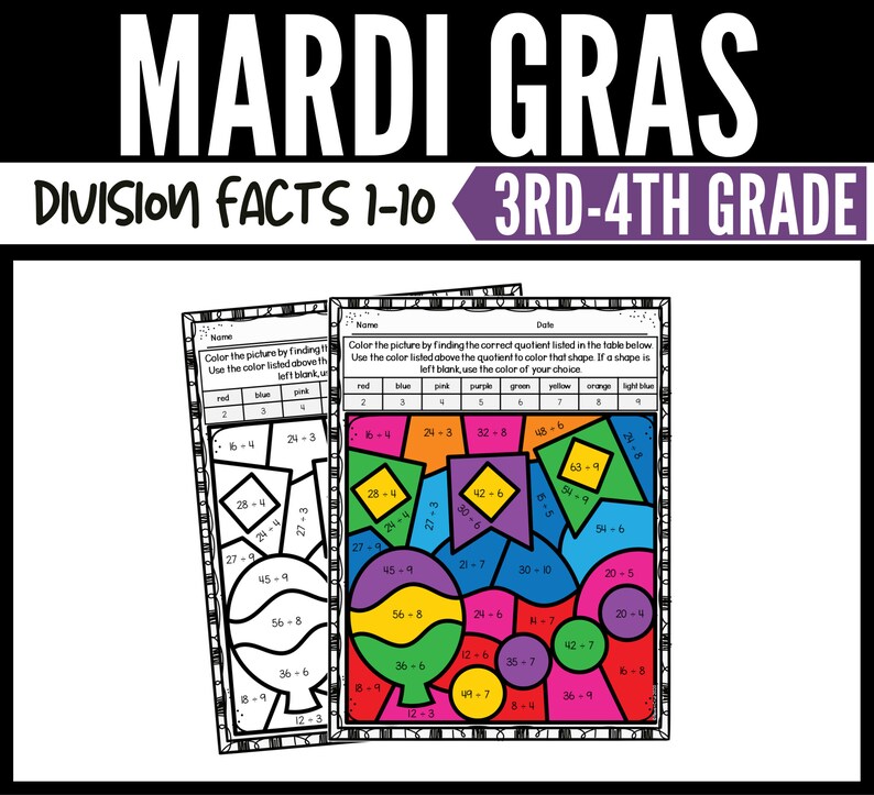 Mardi Gras Division Color by Number Worksheets for 3rd-grade and 4th ...