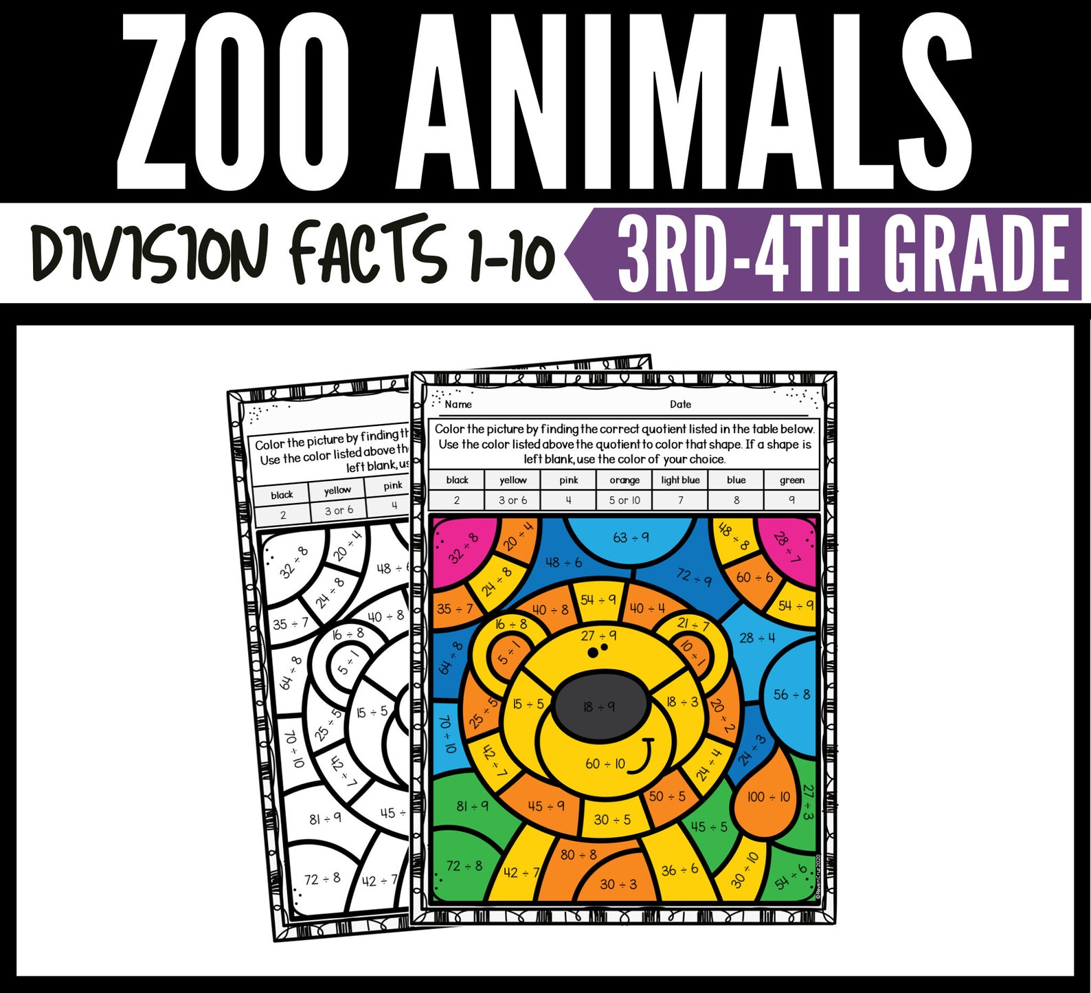 Zoo Animals Division Color by Number Worksheets | 3rd Grade and 4th ...